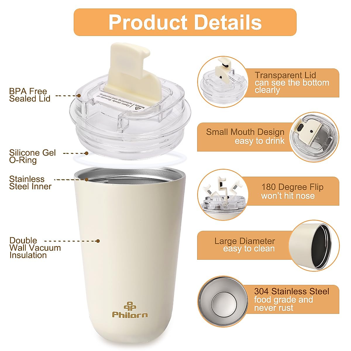 PHILORN Travel Coffee Mug, Coffee Cup-12 OZ Insulated Coffee Mug With Lid, White Stainless Steel Coffee Mug with Double Wall, Thermal Cup for Hot & Cold Drinks…