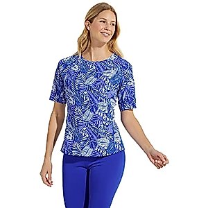 Coolibar UPF 50+ Women's Hightide Short Sleeve Swim Shirt - Sun Protective (Medium- Baja Blue Vista Palm)