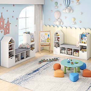 Vabches Kids Bookshelf Toy Storage Organizer, Multifunctional Bookcase with Reading Nook 7 Storage Cubbies and 2 Movable Drawers, Bookcase with Seat Cushion for Children's Room, Playroom, Bedroom