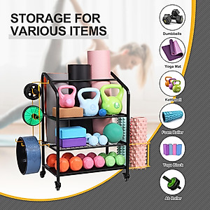 Vimexciter Dumbbell Rack, Training Equipment Storage Cart with Hooks and Wheels for Yoga Brick, Mat, Block, Roller, Dumbbell, Weight, Kettlebell, Resistance Band and More for Home Gym Workout