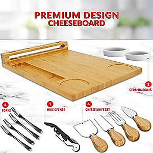 Charcuterie Board Set - Bamboo Cheese Board with Knife Set, Wine Opener, Ceramic Bowls & Forks - Removable Magnetic Utensils Holder for Easy Cleaning - Gifts for Housewarming, Weddings & Anniversaries