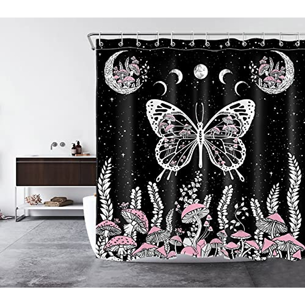 LB Mushroom and Butterfly Shower Curtain for Bathroom,Boho Starry Sky with Moon Phase and Country Plant Fabric Shower Curtain with Hooks,Black and White Bathroom Curtains Shower Set, 72x72 inches