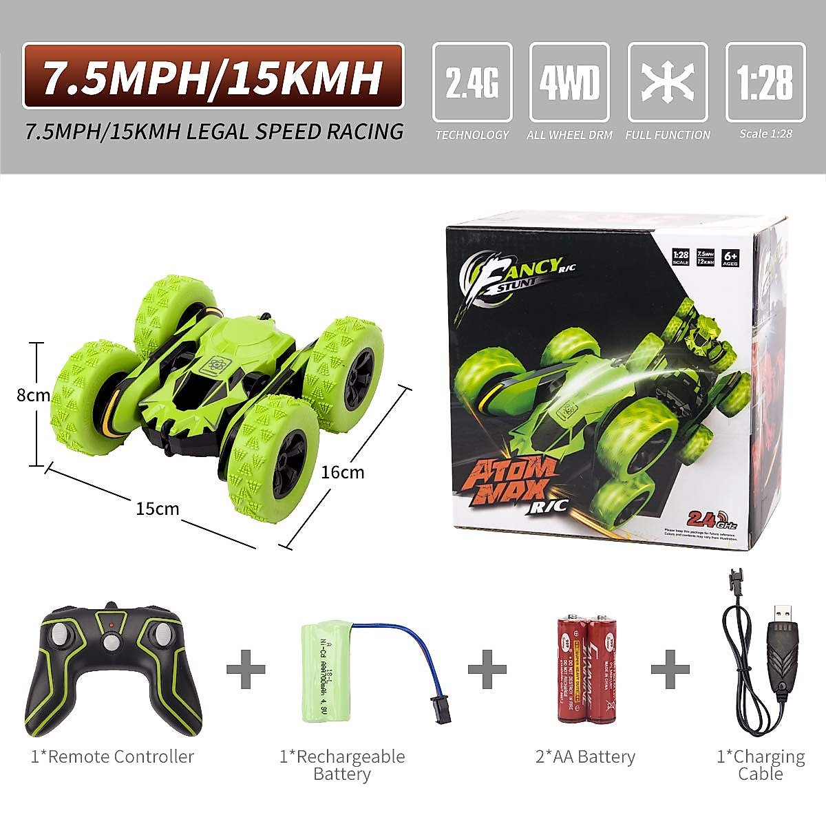 Sugoiti Remote Control Car, Red RC Stunt Car for Kids 4WD Off Road Rechargeable 2.4GHz Double Sided Rotating 360° Flips Vehicles Gift for Boys & Girls Christmas New Year