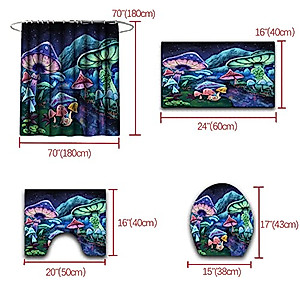 Kossmjx Mushrooms Shower Curtain Set 4 Pieces Fairy Forest Theme Fantasy Cartoon Curtain Set Girls Boys Teens Bathroom Decor Waterproof Polyester Curtains with 12 Hooks Toilet Rug Bath Mat, 70" x 70"