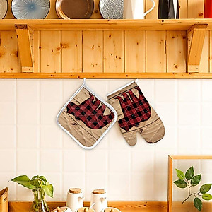 Kitchen Oven Mitts and Potholders Set, Buffalo Check Plaid Bear Wood Rustic Heat Resistant Padded Cooking Gloves&Pot Holder Non-Slip for BBQ Baking Grilling, Red Black