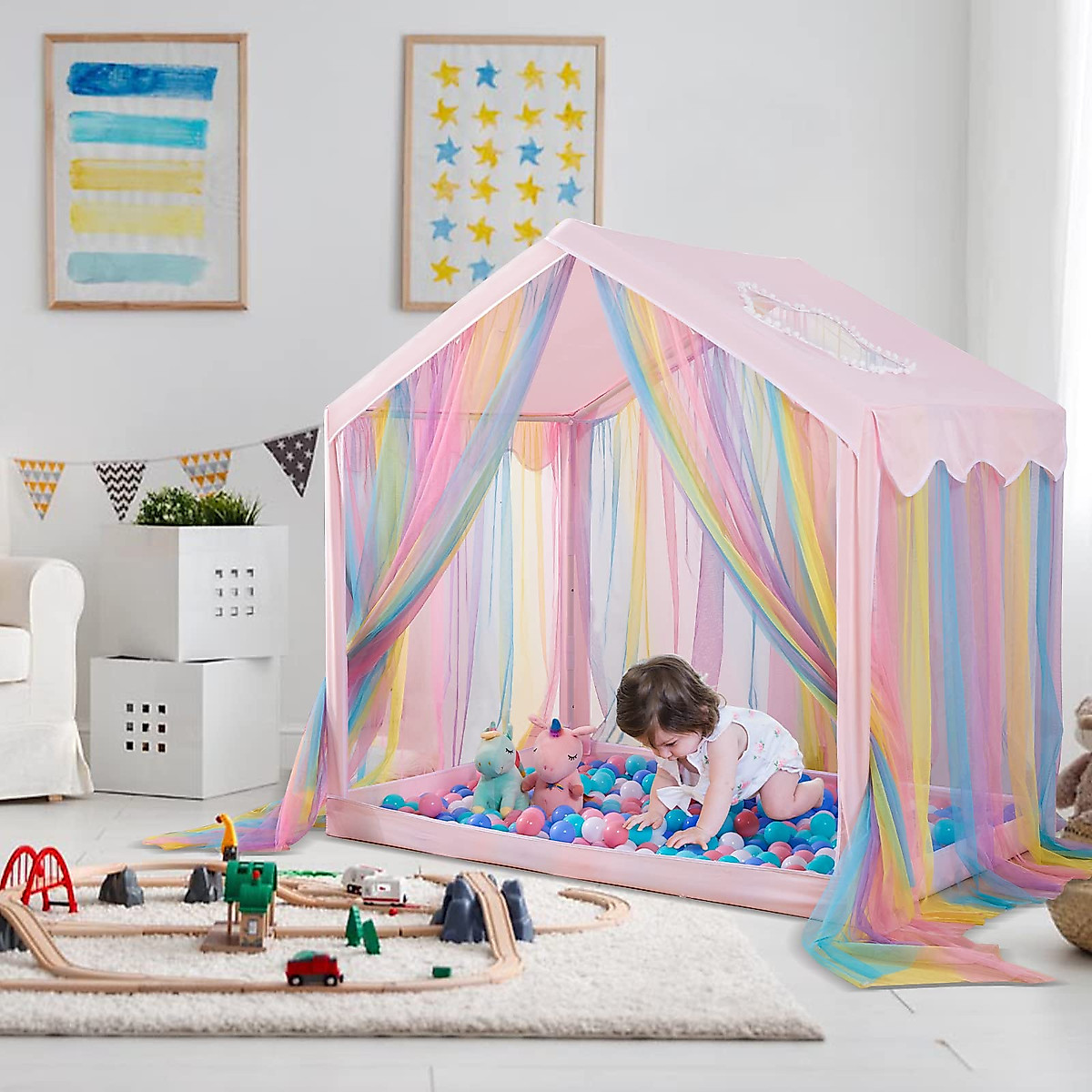 MOOZHEALTH Princess Rainbow Kids Play Tent -Large Castle Playhouse for Girls,Indoor & Outdoor Toddlers Play Tent,Reading Nook Imaginative Games,54x37x52