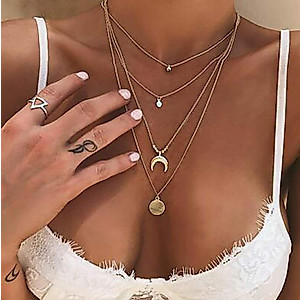 Chargances Bohemia Women Necklace Disc and Moon Necklace Coin Pendant Necklace Delicate Choker Chain Multi layer Necklaces for Women Gold Moon Crescent Disc Jewelry for Women and Girls