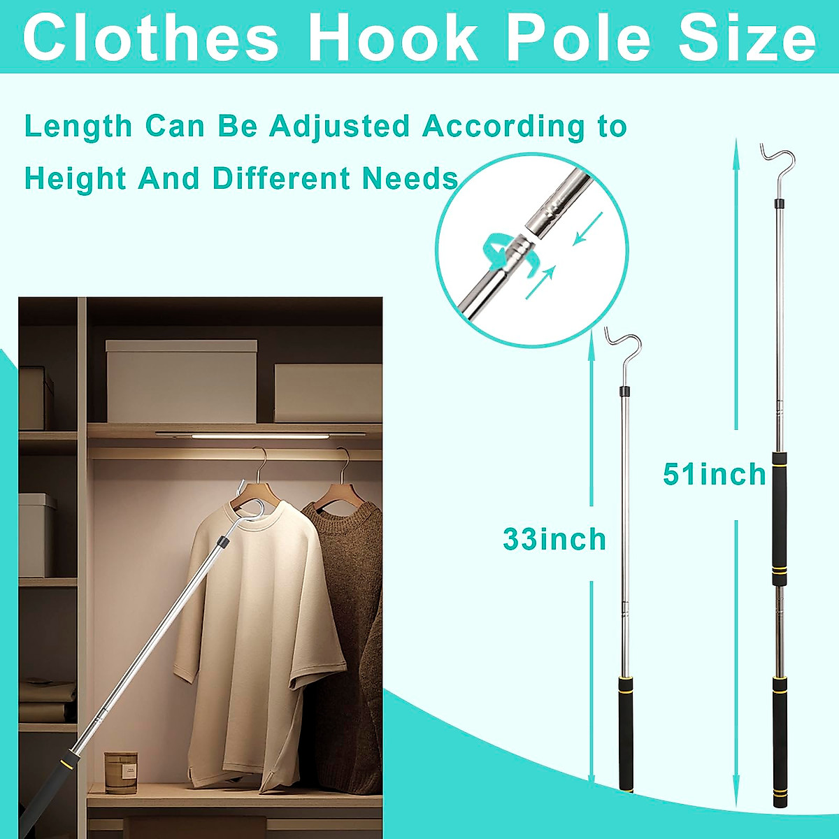 Frebuta Clothes Hook Pole Long Handle, 51In Garment Hook Reach Pole Stainless Steel Attic Pull Down Hook Pole S Hook For Plants Hang Light Rod Soft Sponge Handle StudinessDurability