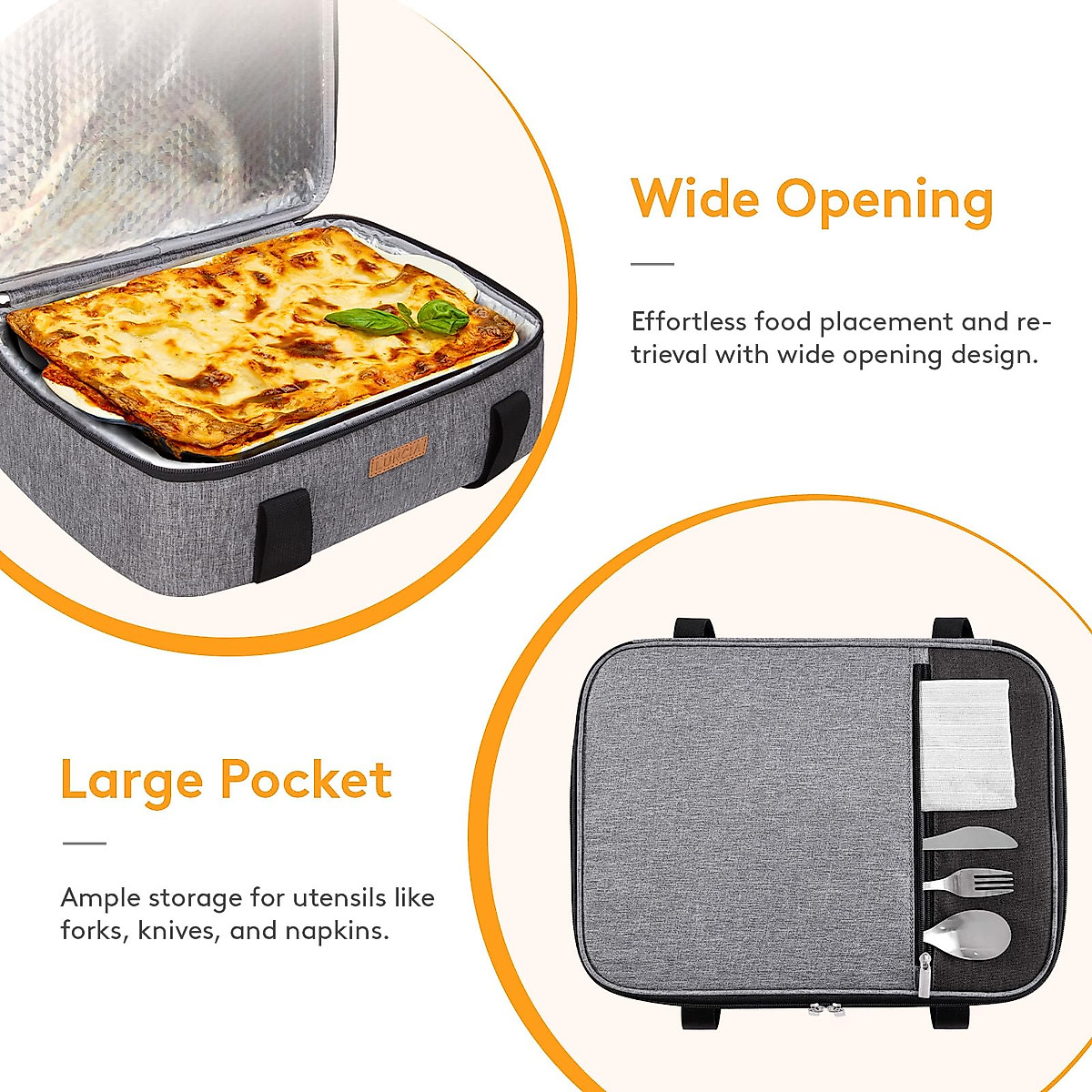 LUNCIA Insulated Casserole Carrier for Hot or Cold Food, Lasagna Lugger Tote for Potluck Parties/Picnic/Cookouts, Fits 9"x13" Baking Dish, Grey