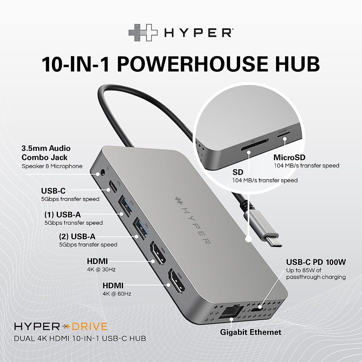 HyperDrive 4K Dual HDMI USB C Hub M1 MacBook 10in1: Dual 4K HDMI, Gigabit Ethernet, USB-A, USB-C, USB-C 100W Power Delivery, MicroSD/SD, Headphone Jack for MacBook Pro/Air(M1), Windows PC, Chromebook
