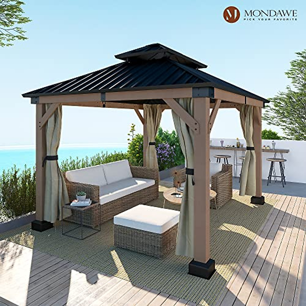 MONDAWE Cedar Wood 10x12Ft Hardtop Gazebo with Curtains, Rectangular Outdoor Permanent Gazebo Pergola with Galvanized Steel Double Roof Pavilion for Patio Lawn Garden