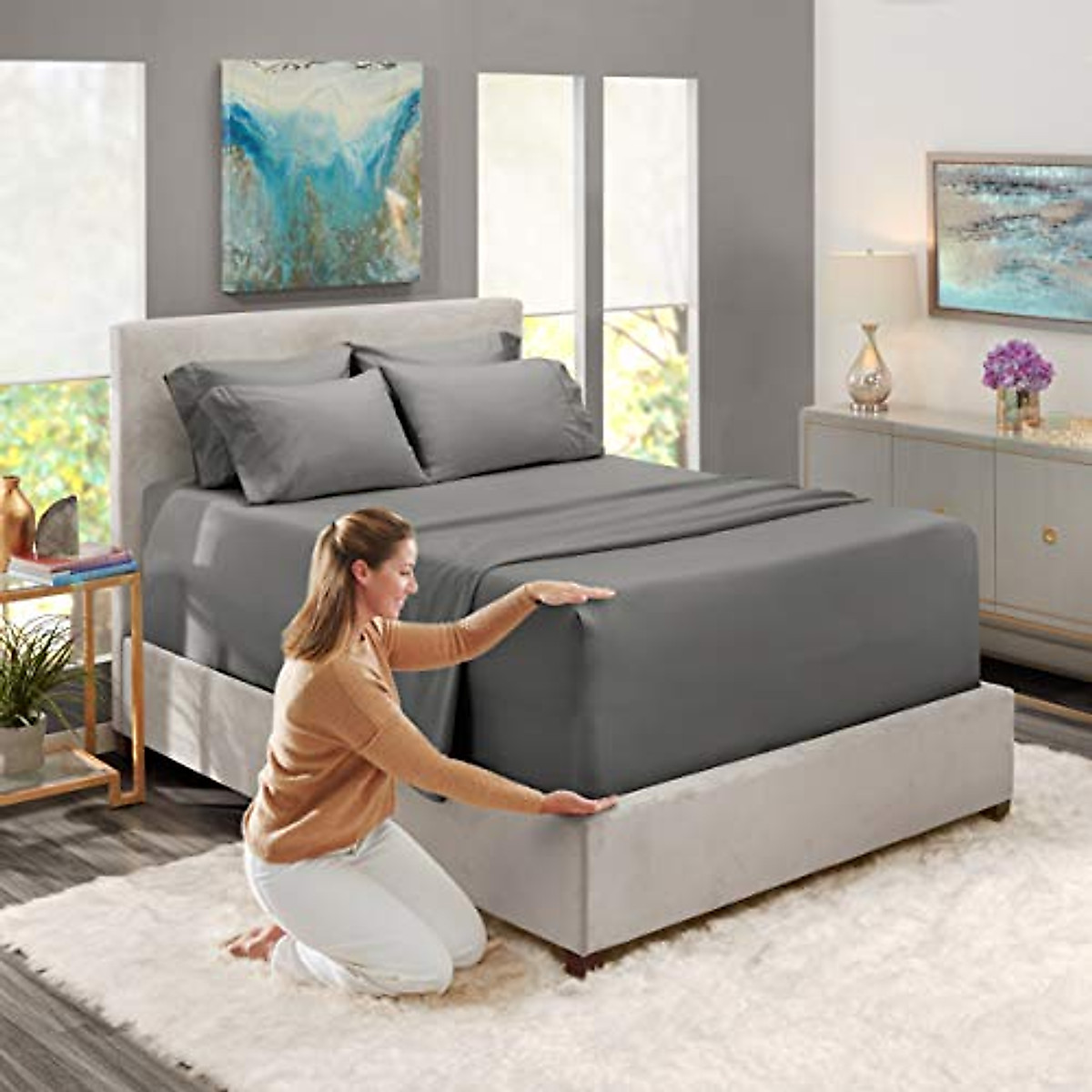 Hearth & Harbor Bed Sheets, Luxury Soft 6 Piece Bed Sheet Set Extra Deep Pocket Fitted Sheets Fits Mattress up to 21", Double Brushed Bedding Sheets & Pillowcases, Queen Size, Gray