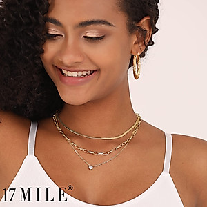 17 MILE Gold Layered Choker Necklace for Women, 14K Real Gold Plated CZ Pendant Necklace, Dainty Flat Snake Chain Layering Necklace
