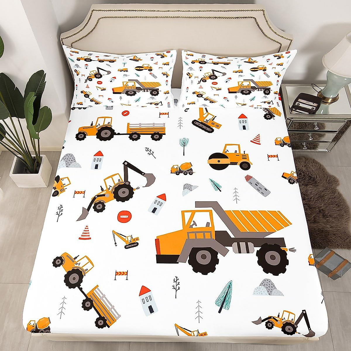 jejeloiu 7 Pieces Excavator Comforter Set Full Size & Excavator Sheet Set Full Size