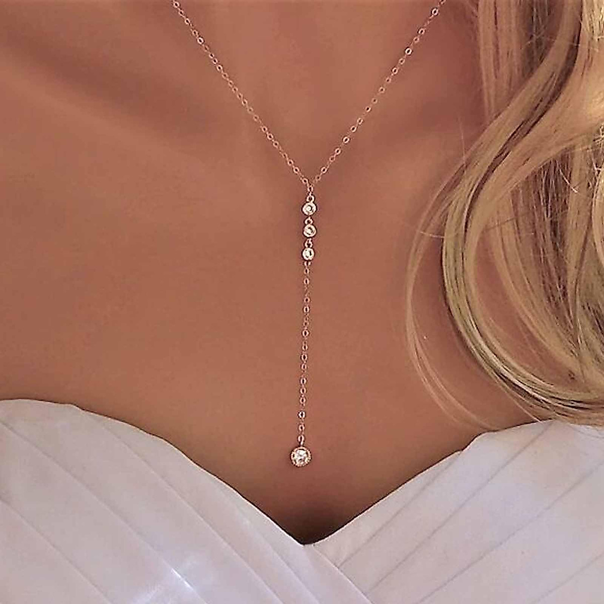 Iaceble Boho Crystal Back Necklace Long Cz Backdrop Necklace Gold Crystal Lariat Y Necklace Rhinestone Back Chain Necklace Long Cz Wedding Backdrop Chain Jewelry for Women (Style 1)