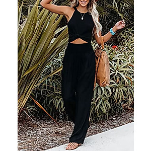 Zontroldy Cotton Linen Wide Leg Palazzo Beach Pants for Women Casual Elastic High Waist Smocked Lounge Pants(0628-Black-1-XL)