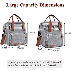 LOKASS Lunch Bag for Women/Men Work, 16L Expandable Double Deck Lunch box, Waterproof Leak-proof Cooler Bag, Portable Meal Prep Lunchbag with Adjustable Shoulder Strap-Grey