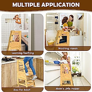XiaZ Kids Kitchen Step Stool, Bamboo Toddler Standing Tower Height Adjustable Wood Helper Tower with Safety Belt for Kids Kitchen Learning Counter Bathroom Sink