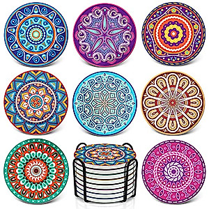 Teivio Absorbing Stone Mandala Ceramic Coasters for Drinks Cork Base with Holder, for Friends Funny Birthday Housewarming Apartment Kitchen Bar Decor, Suitable for Wooden Table, Coffee Table, Set of 8