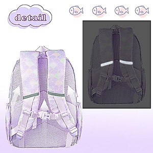 THE Crafts Girls Backpack Bookbag Set with Lunch Bag Pencil Case 3 in all for Elementary Primary Middle School Teenage(Purple Mermaid