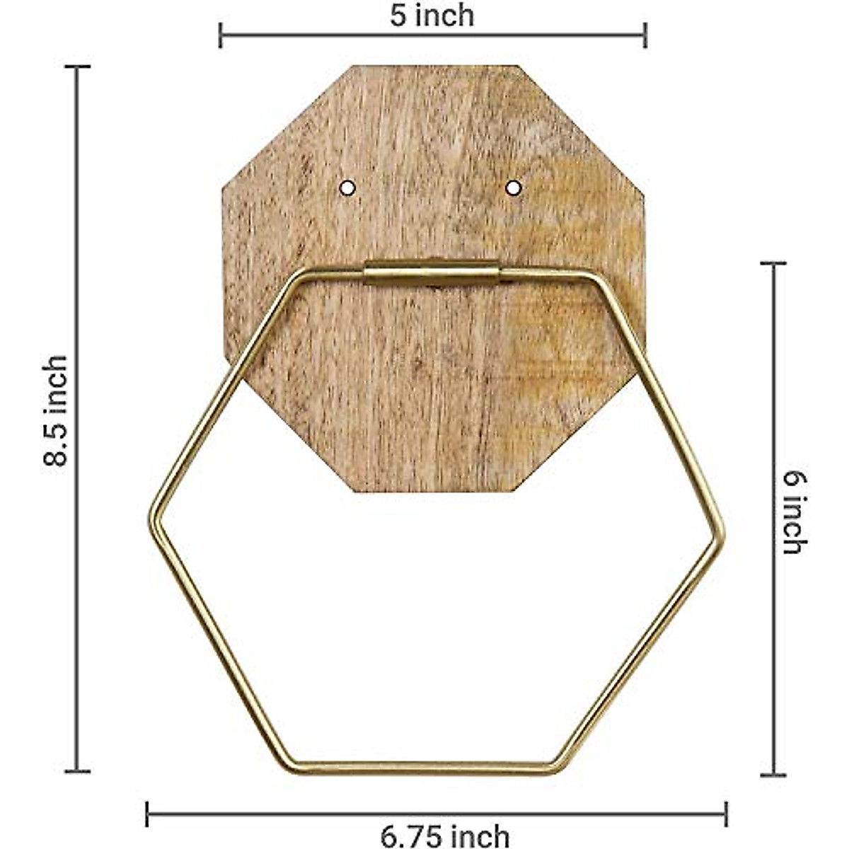 MyGift Brass Tone Metal Hexagon Wall Mounted Bathroom Hand Towel Ring with Mango Wood Geometric Backing - Handcrafted in India