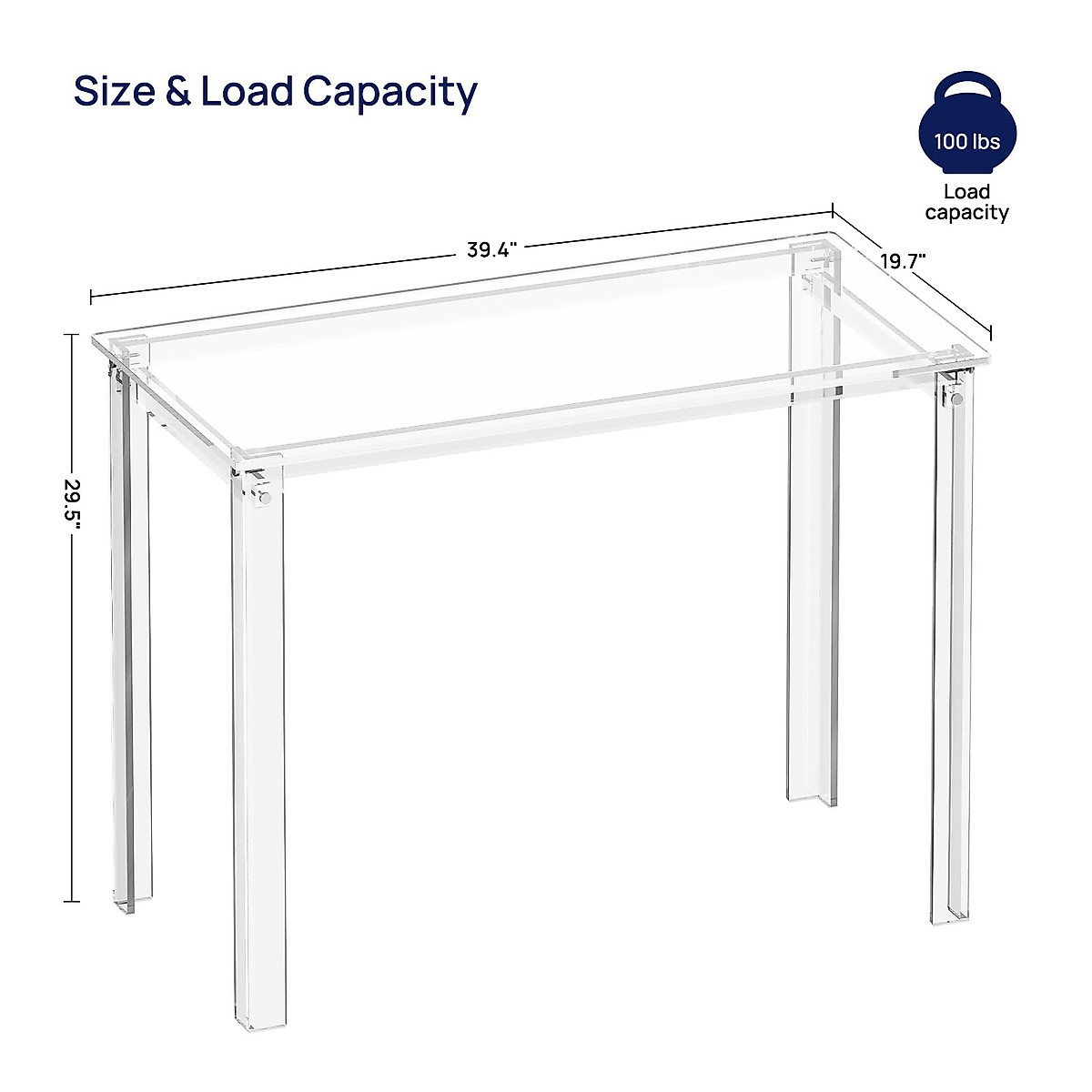 HMYHUM Acrylic Desk, 39.4" L x 19.7" W x 29.5" H, Clear Desk for Home Office for Laptop, Study, Writing, Vanity Table with Rectangular Legs, Modern, Easy Assembly