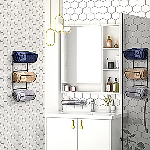 NearMoon Towel Rack Wall Mounted- All Metal Bathroom 2 Towel Rack Holders+ Hand Towel Storage Basket, Rustproof 3 Level Wine Rack Storage Organizer for Hand Towels, Washcloths, 2+1 Pack (Matte Black)