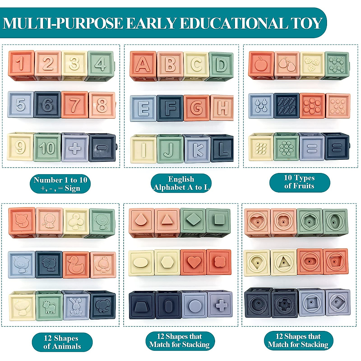 Kingtree Baby Blocks (Set of 12), Soft Silicone Building Blocks Squeeze Stacking Toys for 6+ Months Babies, Colorful Early Educational Puzzle Toy for Toddlers with Numbers Animals Shapes Textures