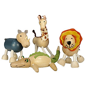 TEKOR Bendable Safari Wooden Animals (Set of 4) | Early Learning Montessori Toy for Toddlers & Kids. Includes a Lion, Alligator, Rhino, Giraffe. Smooth Wood, Bendable Legs, Child Friendly.