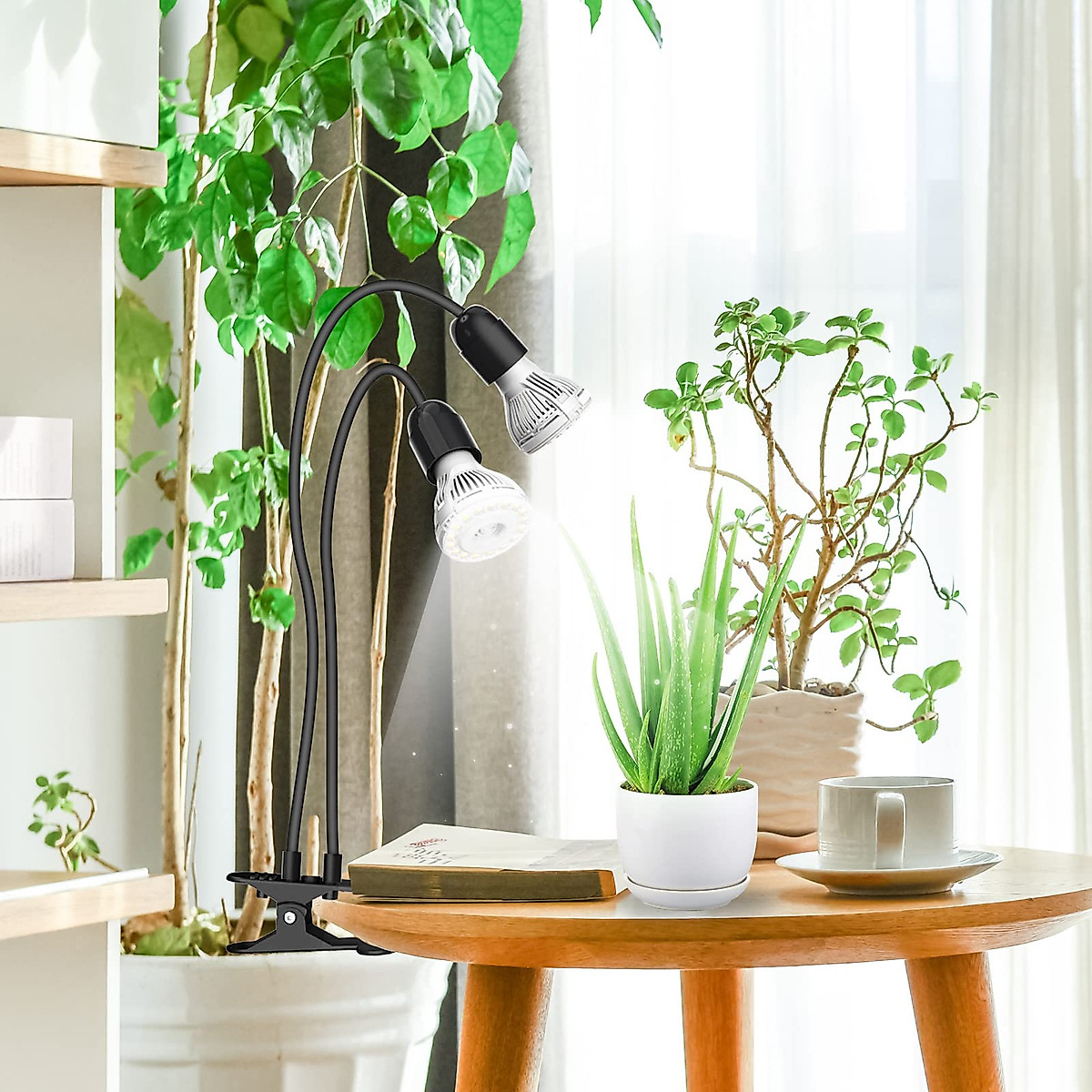 SANSI LED Grow Lights for Indoor Plants, Lifetime Free Bulb Replacement, 300W Full Spectrum Dual Gooseneck Clip Plant Grow Light with Optical Lens for High PPFD Growing Power Lamp