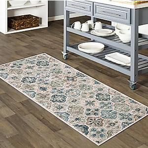 Beeiva Medallion Kitchen Rugs Non Slip, 2x5 Blue Laundry Rugs for Laundry Room, Framhouse Floral Small Bedside Porch Rug Machine Washable Rug for Bedroom Kitchen Entry Rugs for Inside House