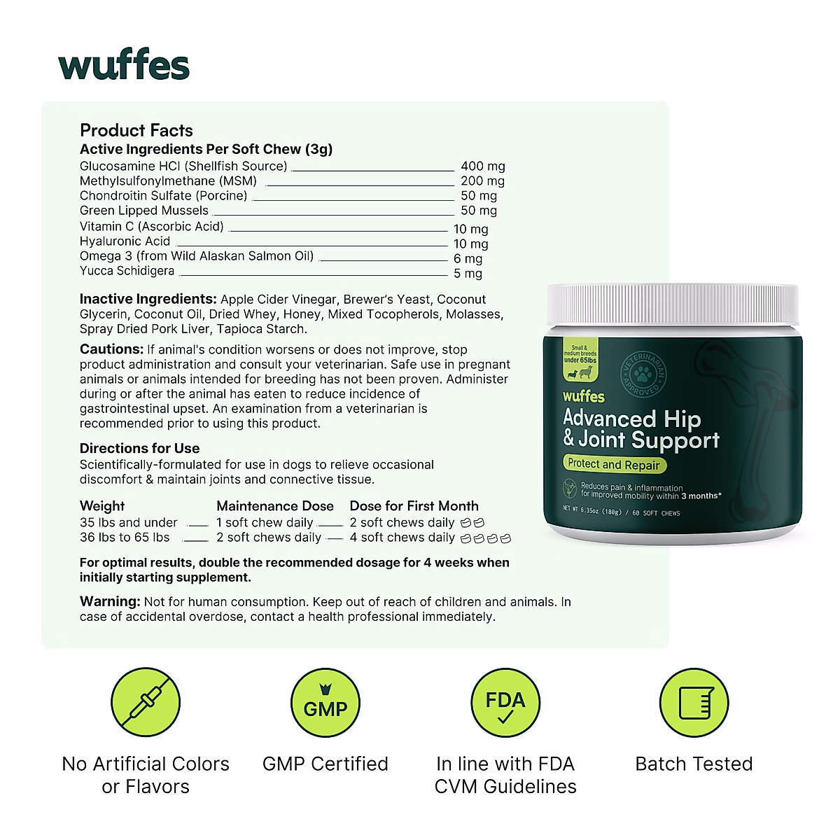 Wuffes Chewable Dog Hip and Joint Supplement for Small & Medium Breeds - Glucosamine & Chondroitin Chews - Dog Joint Supplements & Vitamins - Extended Joint Care - 60 Ct