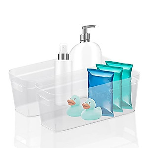 Modern Narrow Organizer Storage Bin, Clear Plastic Household Storage Container for Kitchen Pantry storage, Under Sink Bin, Bathroom/Laundry Room - Made In USA - 2 Pack (Narrow - 15” X 6” X 5”)