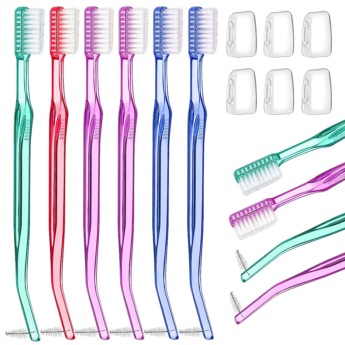 6 Pieces Orthodontic Toothbrush Braces Toothbrush with 6 Pcs Head Protection Cover Double-Ended Interdental Brush V Trim End for Braces Teeth Detail Cleaning 4 Colors