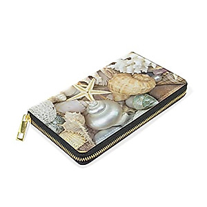 Tropical Seashells, Pearls, Corals and Starfishes Sea Life Leather Long Wallet Organizer with Zipper Purse Clutch Bag for Women Men Key Card Coin Passport Checkbook