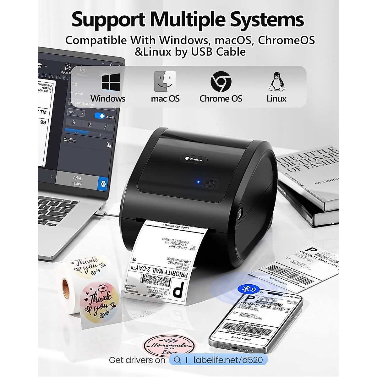 Phomemo Bluetooth Thermal Label Printer 4X6 - D520BT Wireless Shipping Label Printer Build-in Holder, Thermal Label Maker for Return Shipping Package, Compatible with Amazon, USPS, Shopify, Ebay
