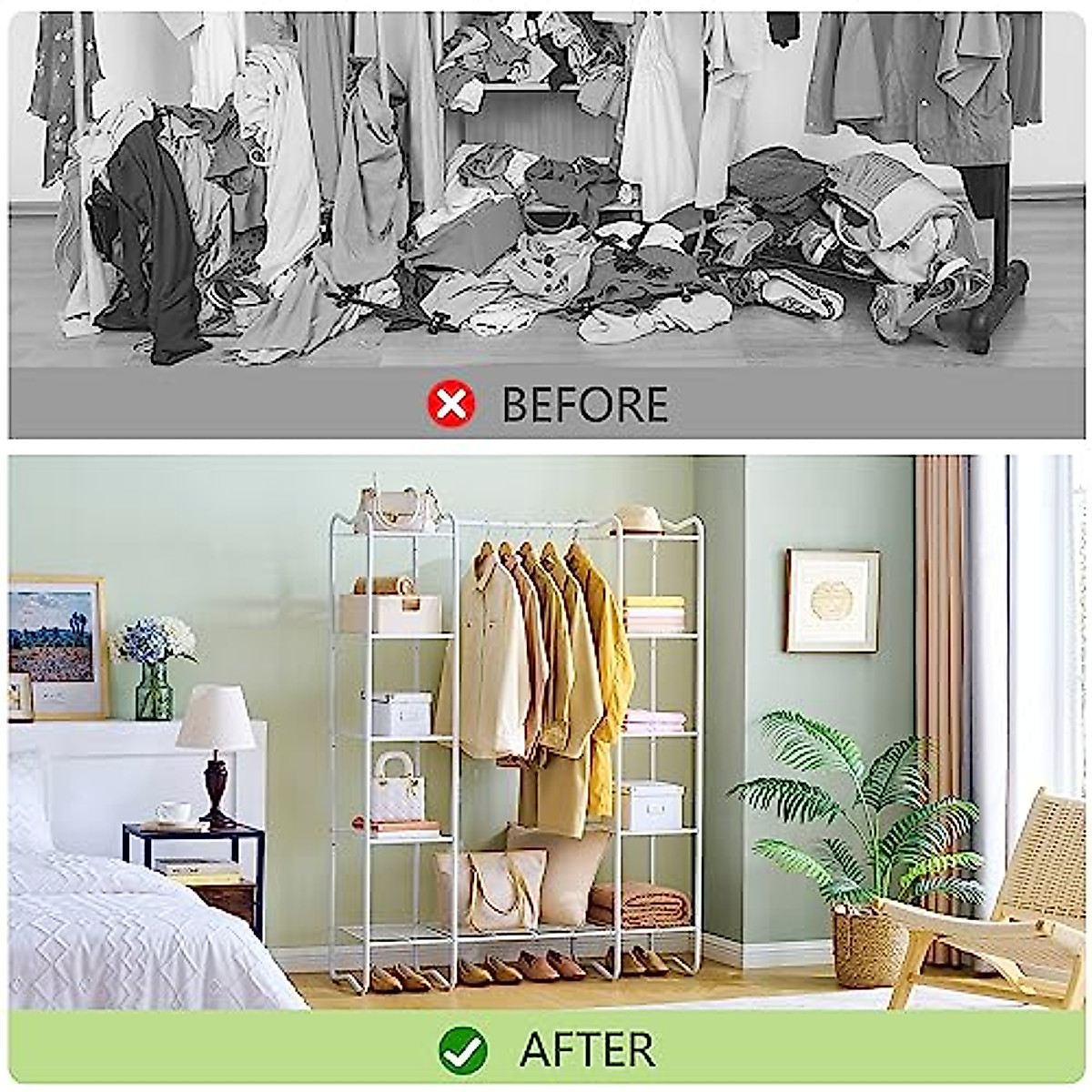 Gewudraw Wardrobe Closet with 8 Metal Shelves, Freestanding Garment Rack, Heavy Duty Clothing Rack For Hanging Clothes, Portable Clothes Rack, Closet Organizer White