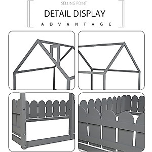 Harper & Bright Designs Twin House Bed Frame for Kids, Montessori Floor Bed Twin with Fence-Shaped Rails, Wood Twin Floor Bed Frames for Girls, Boys(Twin,Grey)