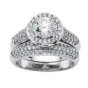 PalmBeach Platinum-plated Round Cubic Zirconia Pave Halo Bridal Ring Set Sizes 7-10 Size 9