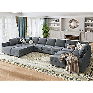 HONBAY Oversized Modular Sofa U Shape Modular Couch with Chaise Modular Sectional Couch Sofa with Storage Seats, Bluish Grey