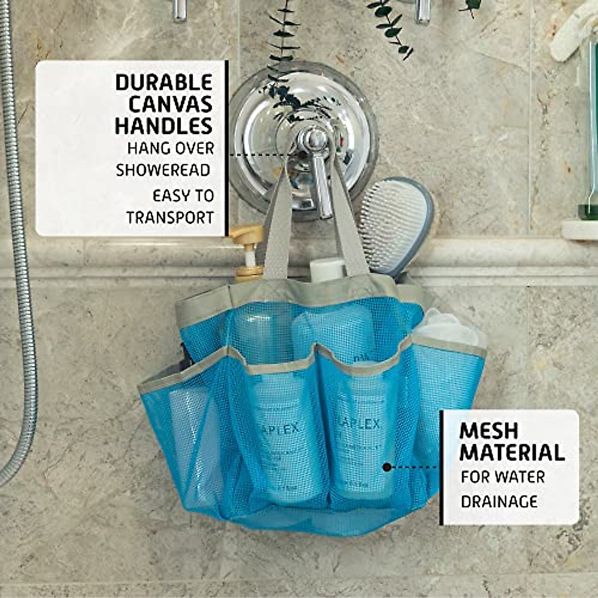 7 Pocket Shower Caddy Tote, Blue - Keep your shower essentials within easy reach. Shower caddies are perfect for college dorms, gym, shower, swimming and travel. Mesh allows water to drain easily.