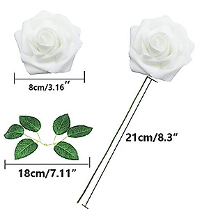 Artificial Flowers 25pcs White Real Looking Foam Rose Fake Flowers with Stem/Leaves for DIY Wedding Bouquets Centerpieces Floral Arrangments Home Party Decorations