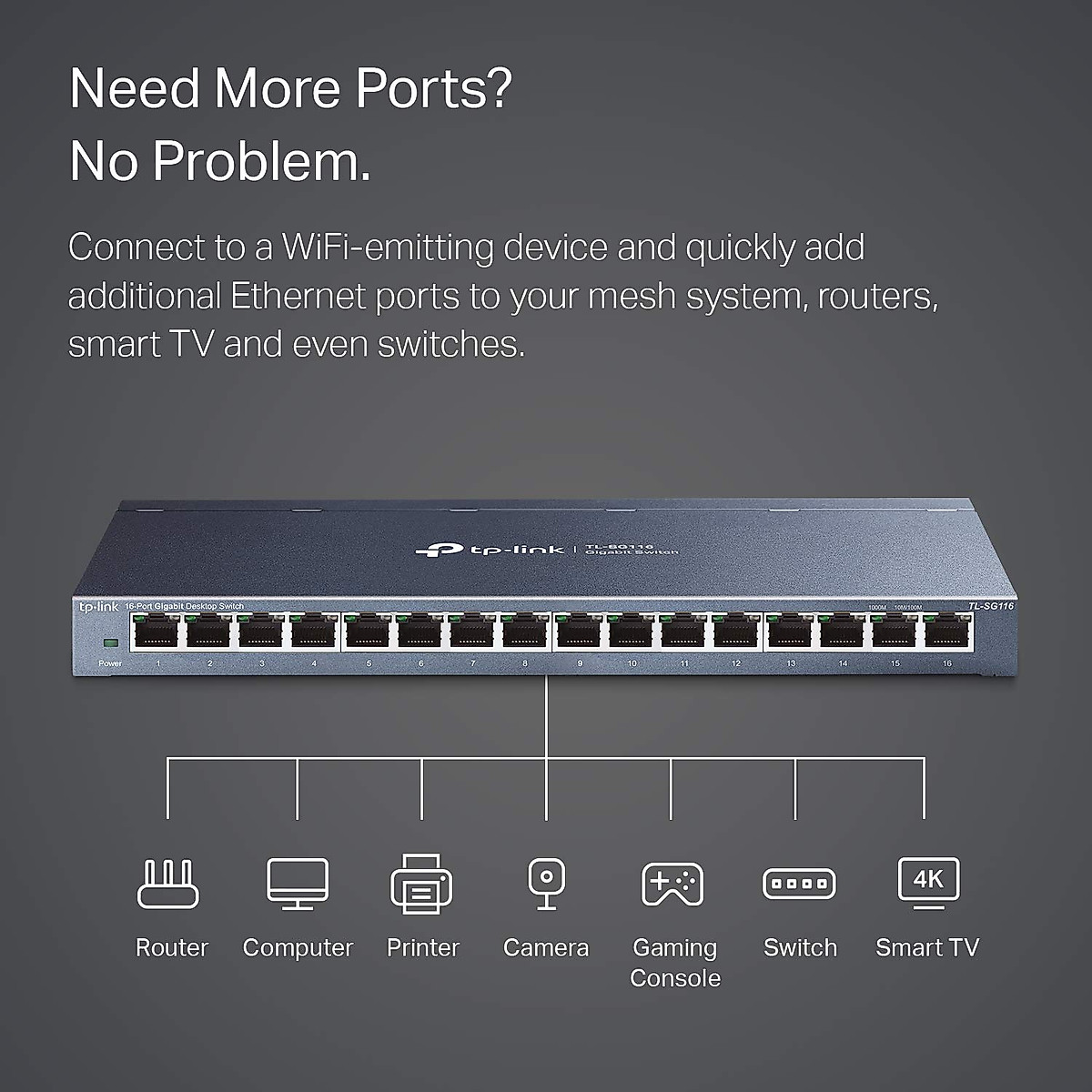 TP-Link 16 Port Gigabit Ethernet Network Switch | Desktop/ Wall-Mount | Lifetime Protection | Fanless | Sturdy Metal w/ Shielded Ports | Traffic Optimization | Unmanaged (TL-SG116) (Renewed)