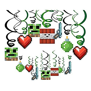 30Ct Pixel Mine Hanging Swirl Decorations - Pixel Mine Birthday Party Supplies Fan Decors