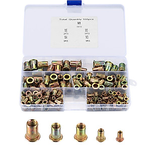 165 Pcs Rivet Nut Kit, Carbon Steel Flat Head Threaded Inserts, Heavy Duty Threaded Insert Rivet Nuts with Knurled Body Assorted in Metric M3/M4/M5/M6/M8 Rivnuts Nutserts