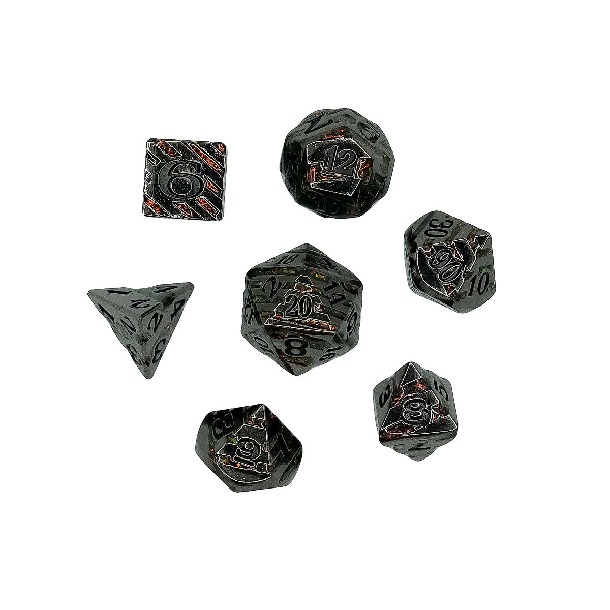 TINY GREMLIN Metal Dice of Dwarven Mining - Dungeons and Dragons Dice - Orange Glitter with Antique Nickel Metal Swirl with Black Font