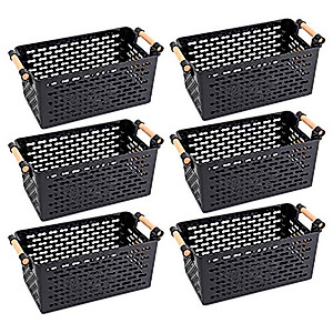 Yesland 6 Pack Plastic Storage Basket, Black Basket / Organizer / Bin with Handles for Home Office Closet