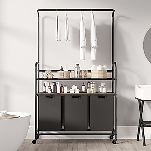 kepptory Laundry Basket 3 Section, 3 × 11.5 Gal (47L), Laundry Hamper Laundry Sorter 3 Section with Shelves and Clothes Hanging Bar, Rolling 3 Compartment Laundry Hamper for Laundry Bathroom Bedroom
