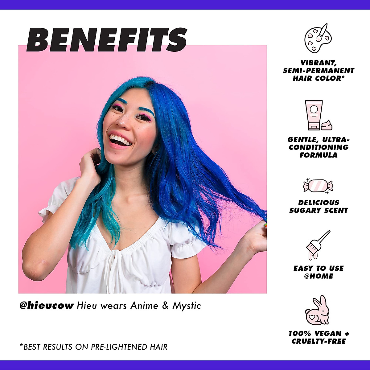 Lime Crime Unicorn Hair Dye Full Coverage, Mystic (Electric Blue) - Vegan and Cruelty Free Semi-Permanent Hair Color Conditions & Moisturizes - Temporary Blue Hair Dye With Sugary Citrus Vanilla Scent