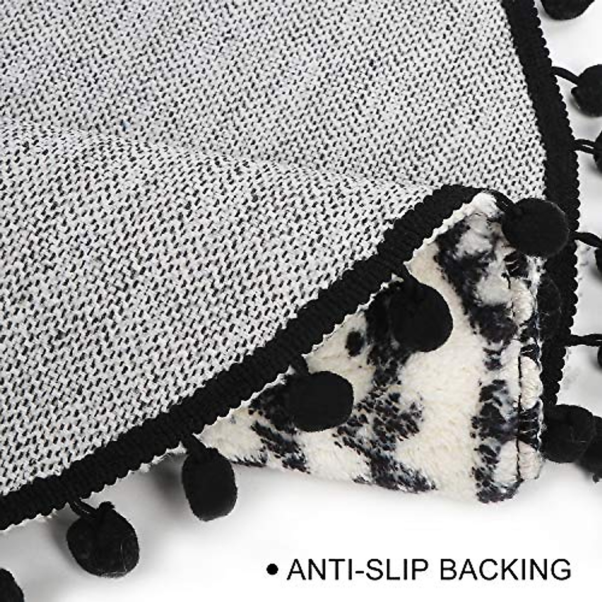 HAOCOO Round Area Rugs with Pom Pom Ball Fringe Boho Geometric Throw Rugs Non-Slip Soft Velvet Black and Beige Floor Carpet for Bedroom Living Room Nursery Decor(4ft)